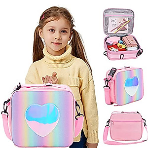 Girls Lunch Box,Insulated Rainbow Tote Bag,Lunch Bag for Kids,Rainbow Lunch Box for Girls School Picnic Travel Outdoor,Pink