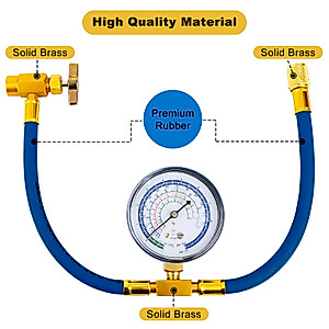 Belleone R134a Refrigerant Recharge Kit, AC Recharge Hose Kit with Gauge, R134a Freon Can Tap Recharging Hose with Detachable R134a Quick Coupler, R134a Self-Sealing Adapter for AC Refrigerant System