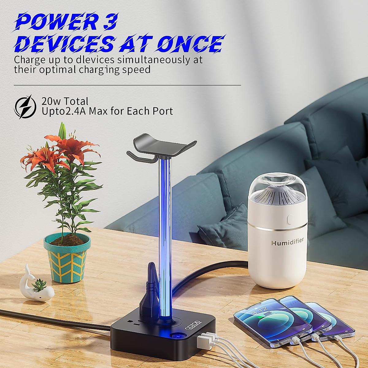 RGB Headphone Stand with USB Charger COZOO Desktop Gaming Headset Holder Hanger with 3 USB Charger and 2 Outlets - Great for Gaming, DJ, Wireless Earphone Display,Gamer PC Accessories Boyfriend Gifts