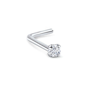 14k White Gold L Bend Nose Stud Ring 2.5mm Clear Round CZ 18G