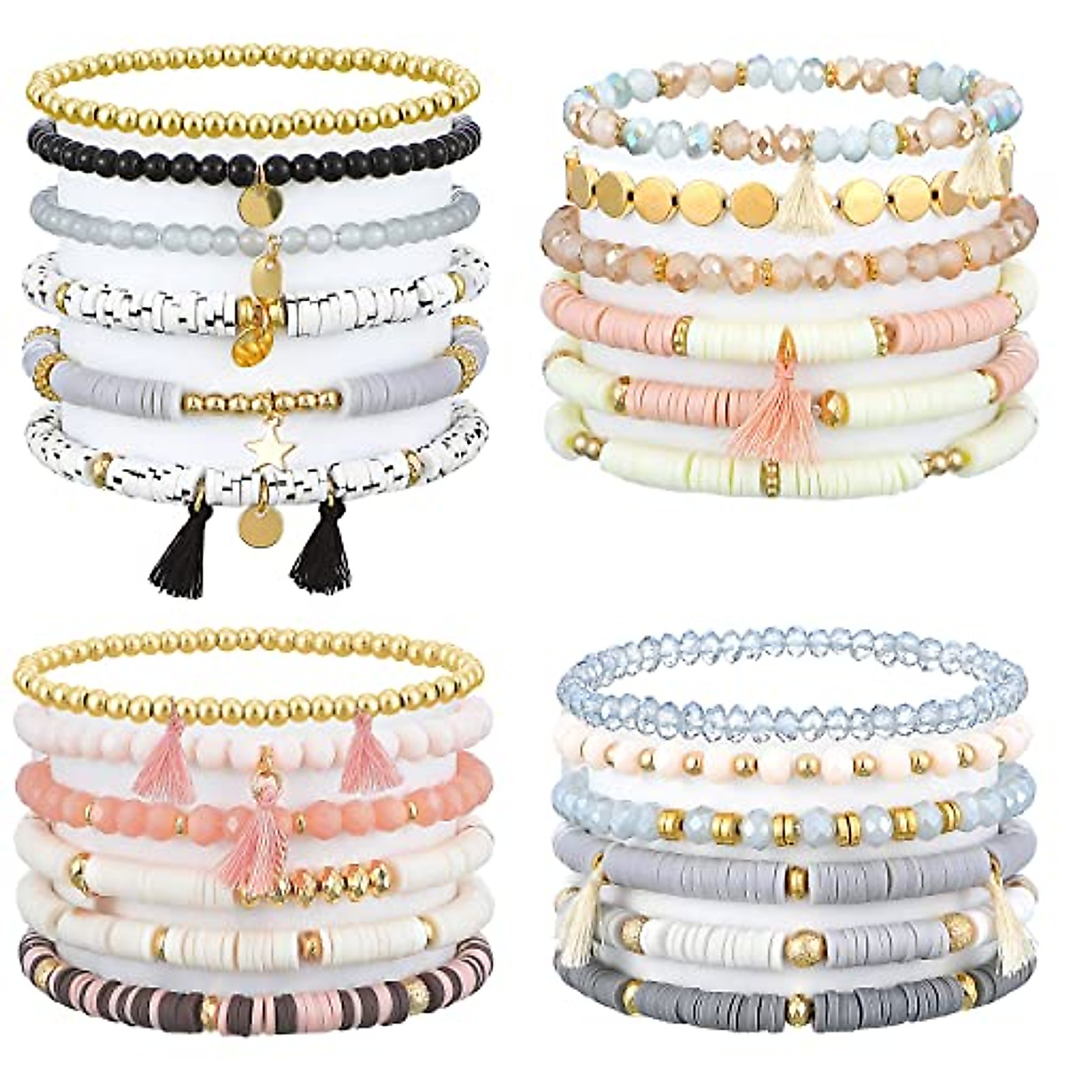 Jadive 24 Pieces 4 Set Bead Bracelets Heishi Stackable Bracelets for Women Clay Boho Disc Bracelets Y2K Aesthetic Layering Boho Surfer Bracelets Bohemian Bracelet Christmas Beach Jewelry for Women