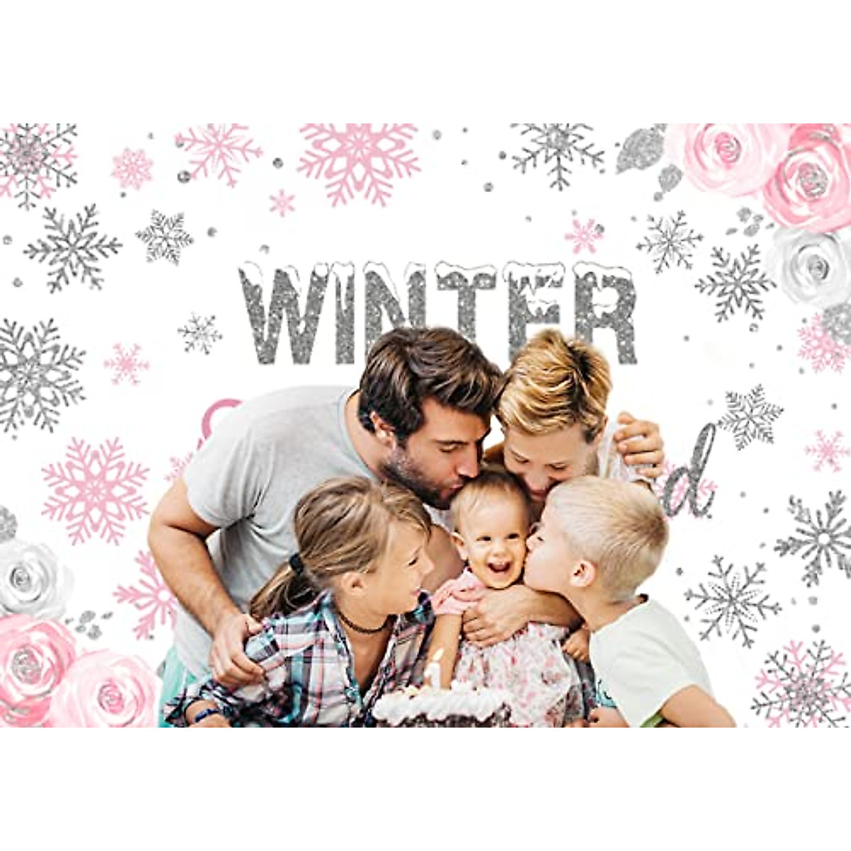 Aperturee 7x5ft Winter Onederland Backdrop, Newborn Baby Girl's First 1st Christmas Birthday Snowflake Background Photography Holiday Pink Silver Party Decoration Photo Booth Candy Table Decor Banner