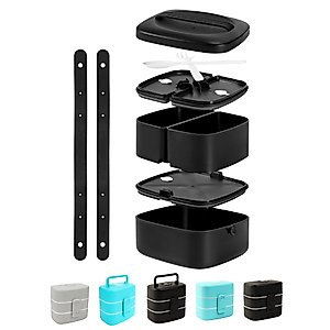 Wagindd Bento Box Adult Lunch Box, 3-Compartment Stackable Japanese Lunch Box – Leak-Proof Snack Containers, To Go Meal Prep Container - Handle, Cutlery