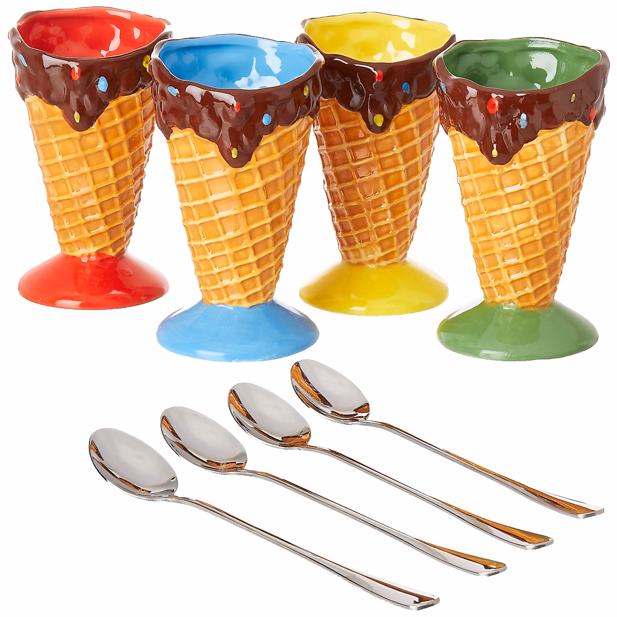 Kovot Ceramic Dessert & Ice Cream Cone Set - Includes 4 Ceramic Cones And 4 Metal Spoons