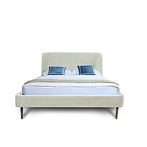 Manhattan Comfort Heather Mid Century Modern Bed Frame with Velvet Upholstered Headboard and Footboard, Queen, Cream