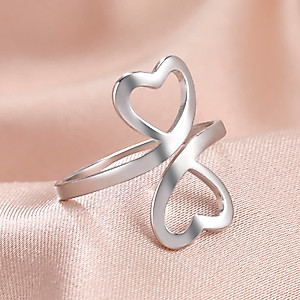 LIKGREAT Heart Ring Adjustable Heart Shaped Ring for Women Double Heart Rings Love Statement Finger Rings (silver, 7)