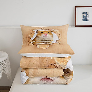 Erosebridal Hamster Comforter Set Twin Size Brown Mouse Bedding Set 3D Cute Animal Down Comforter Kawaii Pet Bedroom Decor Warm Soft Quilt Set for Kids Boys Girls Teens