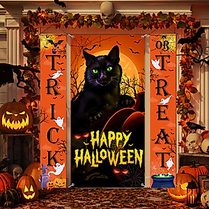 Tiamon 3 Pcs Halloween Door Decorations Halloween Black Cat Door Cover Trick or Treat Porch Sign Halloween Party Hanging Porch Banner for Front Door Home Outdoor Indoor Halloween Party Supplies