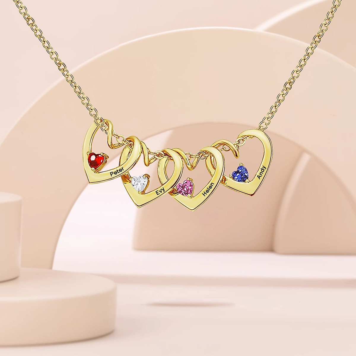 MissNaNa Mom Gift Personalized Mother Necklace with 1-6 Birthstones & Engraved Names Custom Family Necklace Heart Name Necklaces for Mother's Day (Gold, 5 Name)