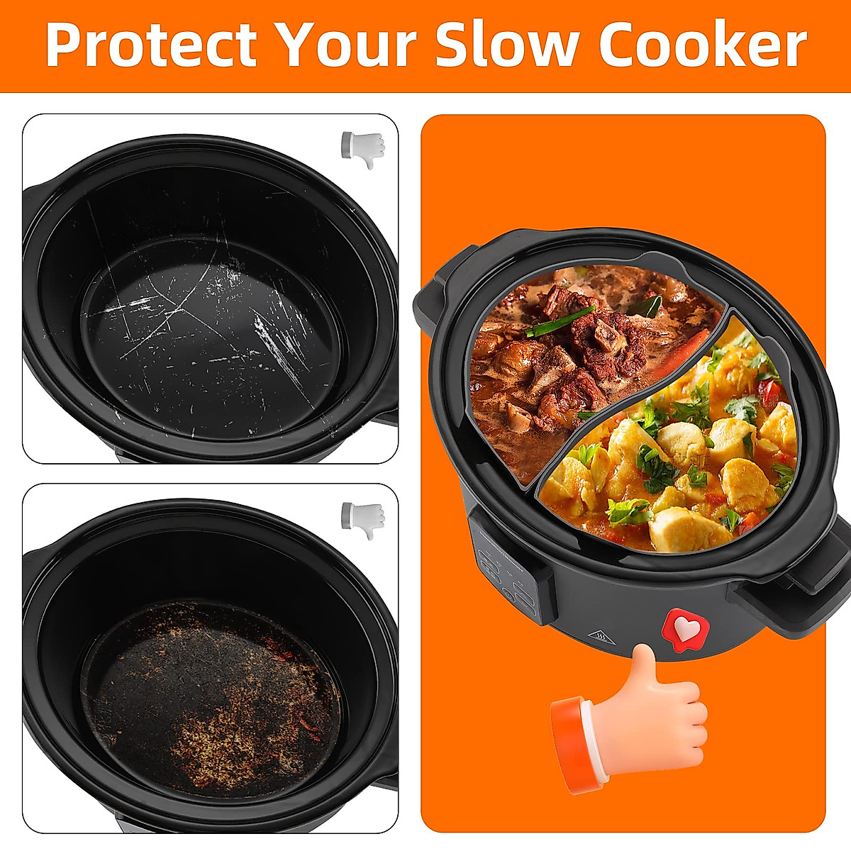 Essbhach Slow Cooker Divider Liners Fit 6 QT, Silicone Slow Cooker Liners, Reusable & Dishwasher Safe & Leakproof Slow Cooker Liner Inserts 2 Pack (Grey)
