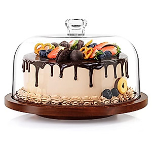 Cake Stand with Acrylic Dome, Rotating Cake Plate Acacia Wood Cake Stand with Acrylic Lid, Cake Display Server Tray, Cake Decorating Turntable for Baking Gifts, Birthday Kitchen Party, Weddings
