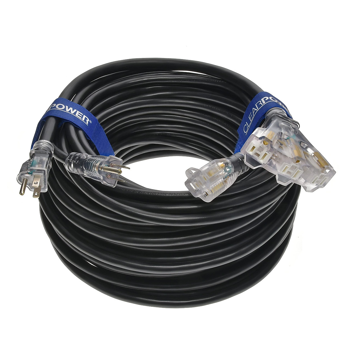 Clear Power Combo Pack 150ft 12/3 SJTW Black Outdoor Extension Cord w/Power Indicator Light & 2ft Black 3-Outlet Adapter w/Power Indicator Light, CP10223