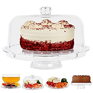 7Penn Clear Acrylic Cake Stand with Dome Cover Lid - 12in Multi-Function Cake Plate Serving Platter and Punch Bowl Set