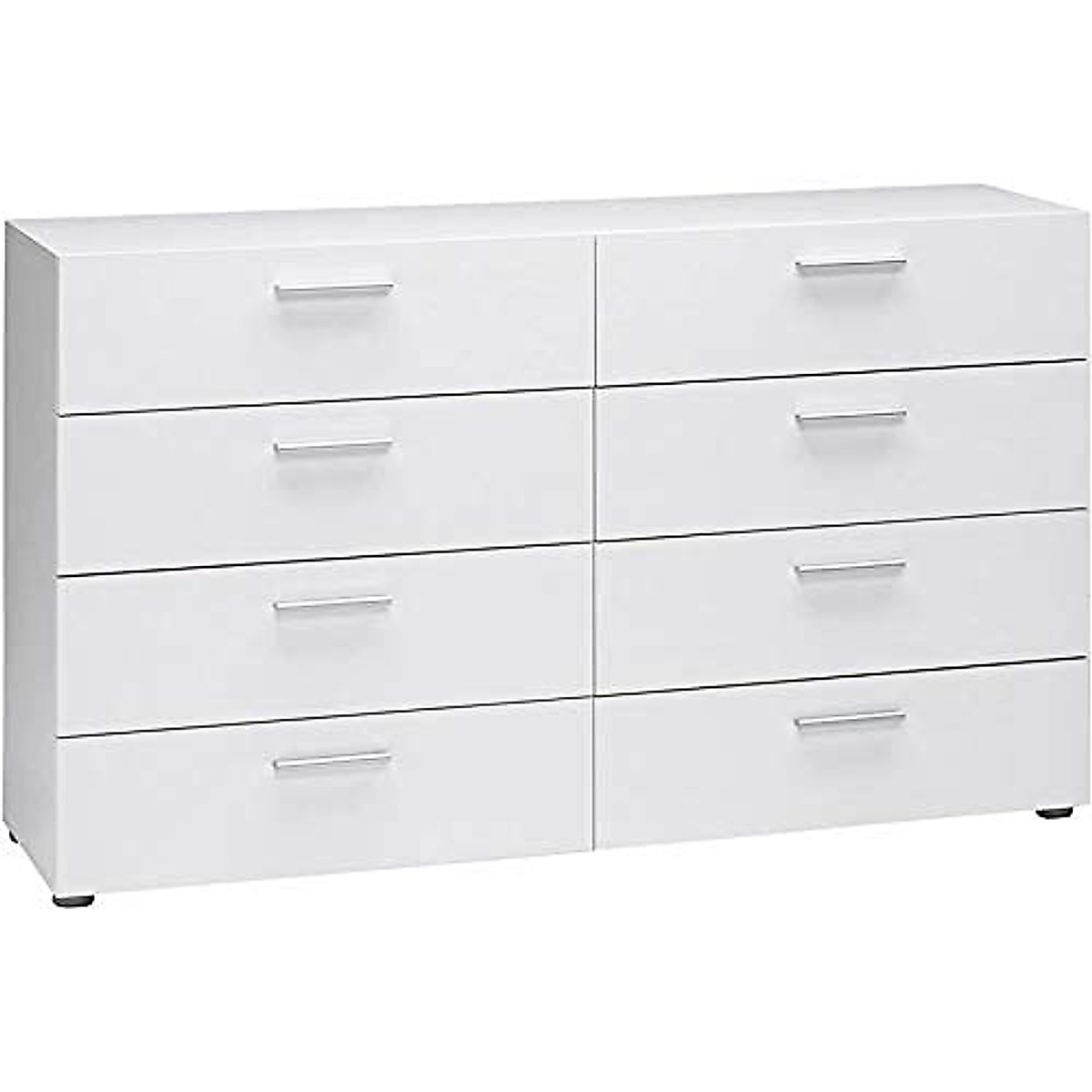 Levan Home Contemporary 8 Drawer Double Bedroom Dresser in White with Modern Silver Color Bar Handles