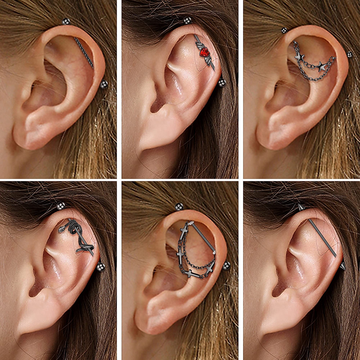 JOERICA Industrial Piercing Jewelry 14G 16G Stainless Steel Industrial Earrings with Chain Dangle Industrial Piercing Bar Double Cartilage Helix Piercing Earrings Industrial Barbell for Women Men