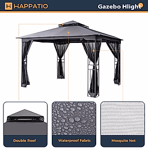 HAPPATIO 10' X 12' Patio Gazebo with Ventilation Double Roof，Outdoor Gazebo with Mosquito Netting for Lawn, Garden (Grey)
