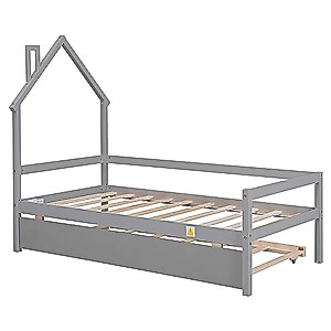 Twin Platform Bed with Trundle, Wooden House-Shaped Headboard Bed with Guardrails, Daybed Frame with Sturdy Slat Support for Kids Boys Girls Bedroom (Grey 06)