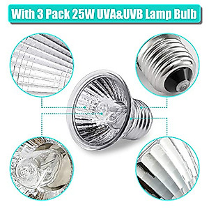 Reptile Heat Lamp,Adjustable and Rotates 360°,25W Reptile Turtle Basking Light with 2 Lamp Holder,3 Bulbs UVA UVB and Thermometer,Clamp Pet Heating Light for Reptile,Lizard, Aquatic Turtle,Snake