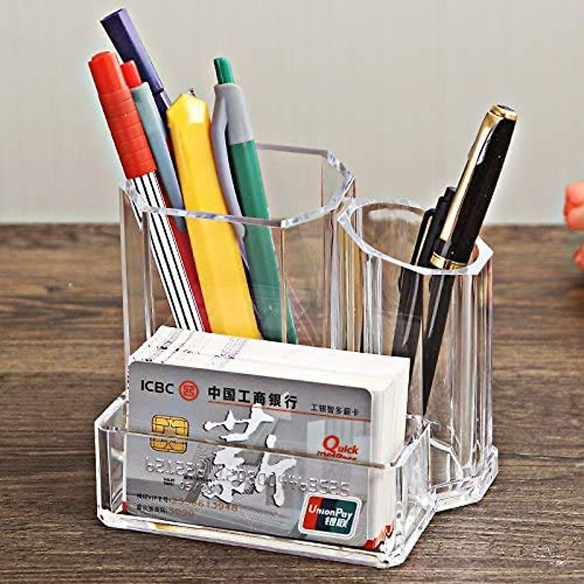 Cq acrylic Pen and Pencil Holders Cups Business Card Holder Box Office Supplies Desktop Organizer Storage,5.4x3.8x4.4 inch Pack of 1