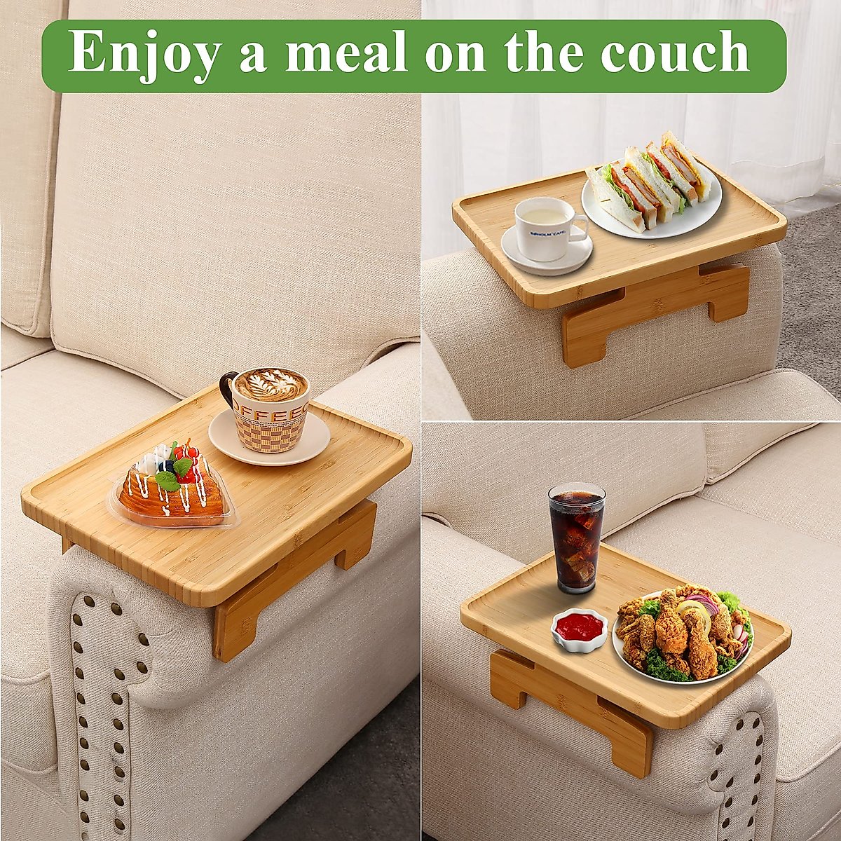 Couch Arm Table Tray, Bamboo Sofa Arm Clip on Tray Tables, Arm Rest Table for Home, Couch Arm Tray for Small Spaces Drink Eating Dinner Table