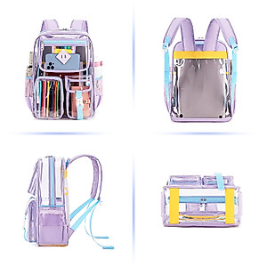 PIG PIG GIRL Clear Backpack for School,Heavy Duty PVC Transparent Bookbag for Girls Stadium Approved See Through Backpack for Women for College Work Travel Festival,Purple and Blue