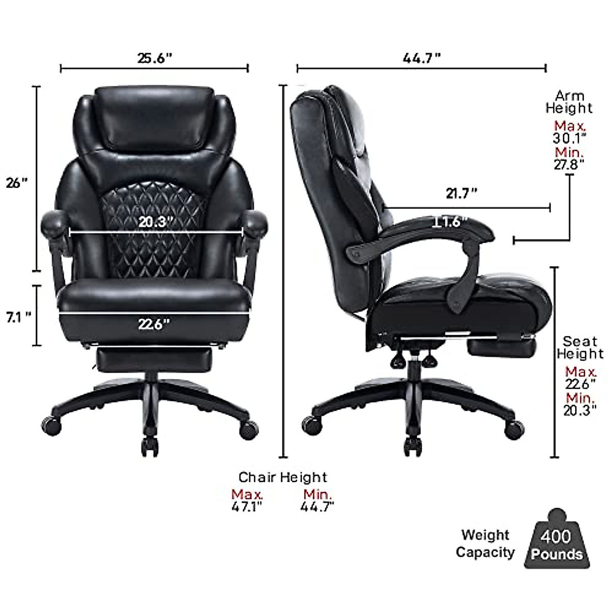 Sumeimics 400lbs Big and Tall Office Chair Bonded Leather Heavy Duty Office Executive Chair Reclining Office Chair with Footrest (Black)