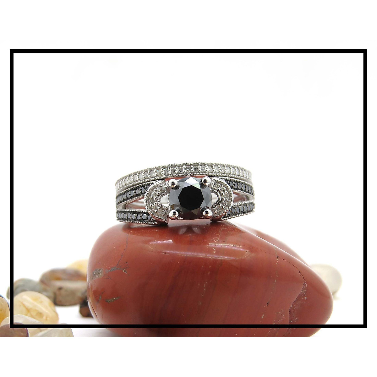 Dazzlingrock Collection 6mm Round Black Diamond & White Diamond Solitaire Style Collar Split Shank Wedding Ring Set for Her in 925 Sterling Silver Size 6