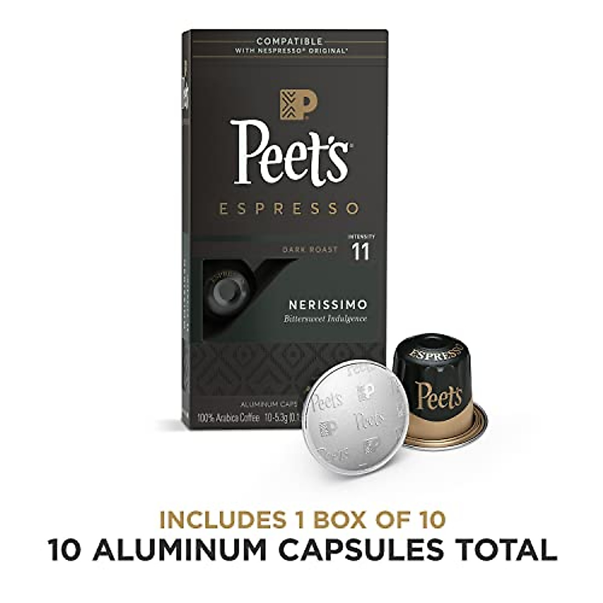 Peet's Coffee, Dark Roast Espresso Pods, Nerissimo, French Roast Style Intensity 11, 10 Count (1 Box of 10 Espresso Capsules)