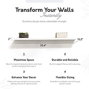 InPlace Shelving, White 0191408 35.4 in W x 10.2 in D x 2 in H Floating Wall Shelf with Invisible Brackets, x x