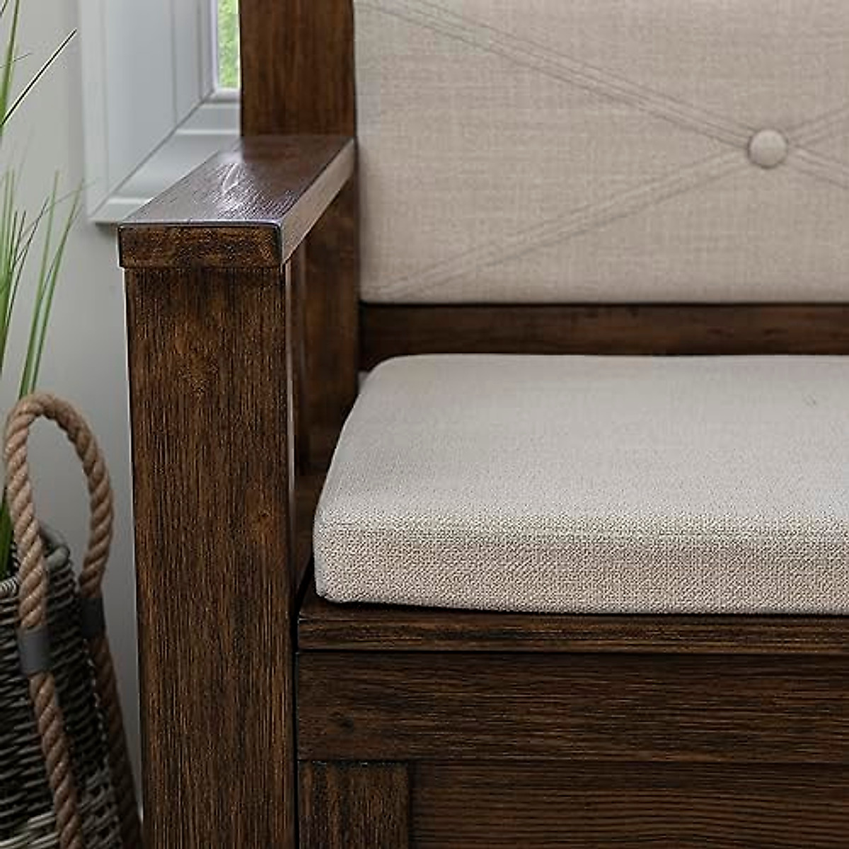 Linon Umber Brown Carlton Rustic Storage Bench with Beige Upholstered Back and Cushioned Seat
