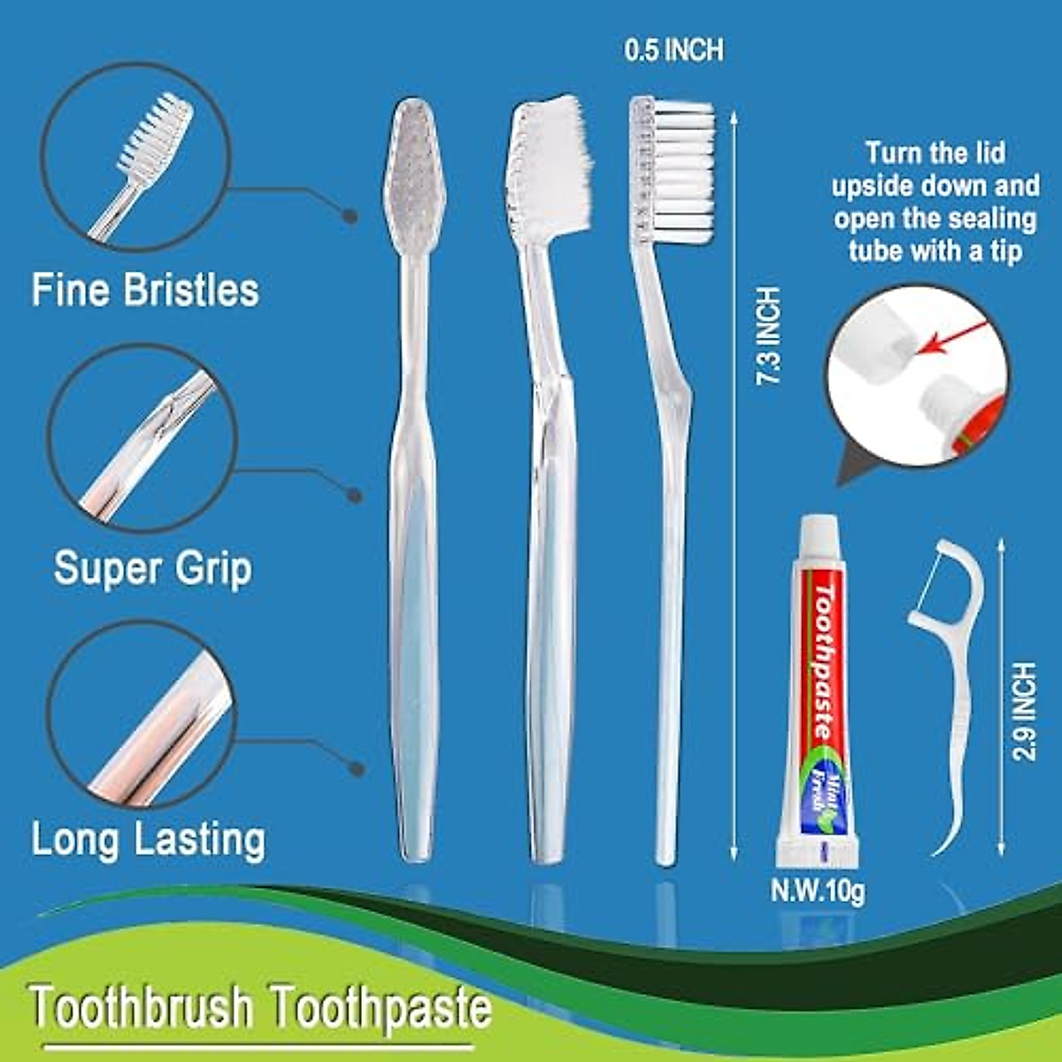 HQSLsund 50pcs Disposable Toothbrushes with Toothpaste Floss Individually Wrapped, 2 Color Disposable Toothbrush, 10g Toothpaste, Dental Floss Pick, Bulk Toothbrush Kit for Homeless,Airbnb,Hotel