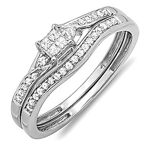 Dazzlingrock Collection 0.25 Carat (Cttw) 10k Princess & Round Diamond Women Promise Ring Set with 1/4 CT, White Gold, Size 7.5