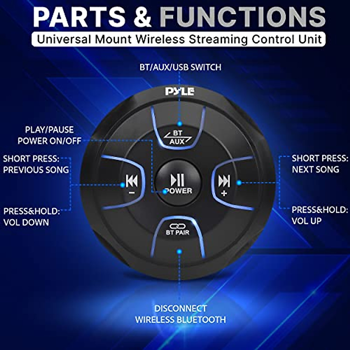 Pyle Amplified Wireless BT Audio Controller - Waterproof-Rated Marine Receiver Remote Control for Car, Truck, Boat, 4x4, PowerSport Vehicles (800 Watt) (PLMRBT19)