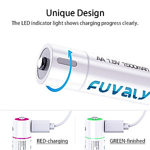 FUVALY USB Rechargeable AA Batteries 1500mAh High Capacity 1.5V Fast Charging Lithium Rechargeable Batteries with 4 in 1 USB Charging Cable can be Charged Either by 5V Charger or USB (4 Pack)