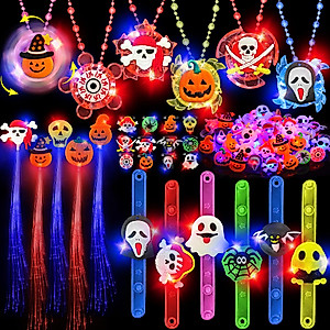 80 Pcs Halloween Party Favors for Kids Halloween Glow in the Dark Toys Rotating Spin Light Up Necklaces LED Bracelets Flash Rings Brooches Hair Lights Halloween Treats Gifts Bag Fillers Party Supplies