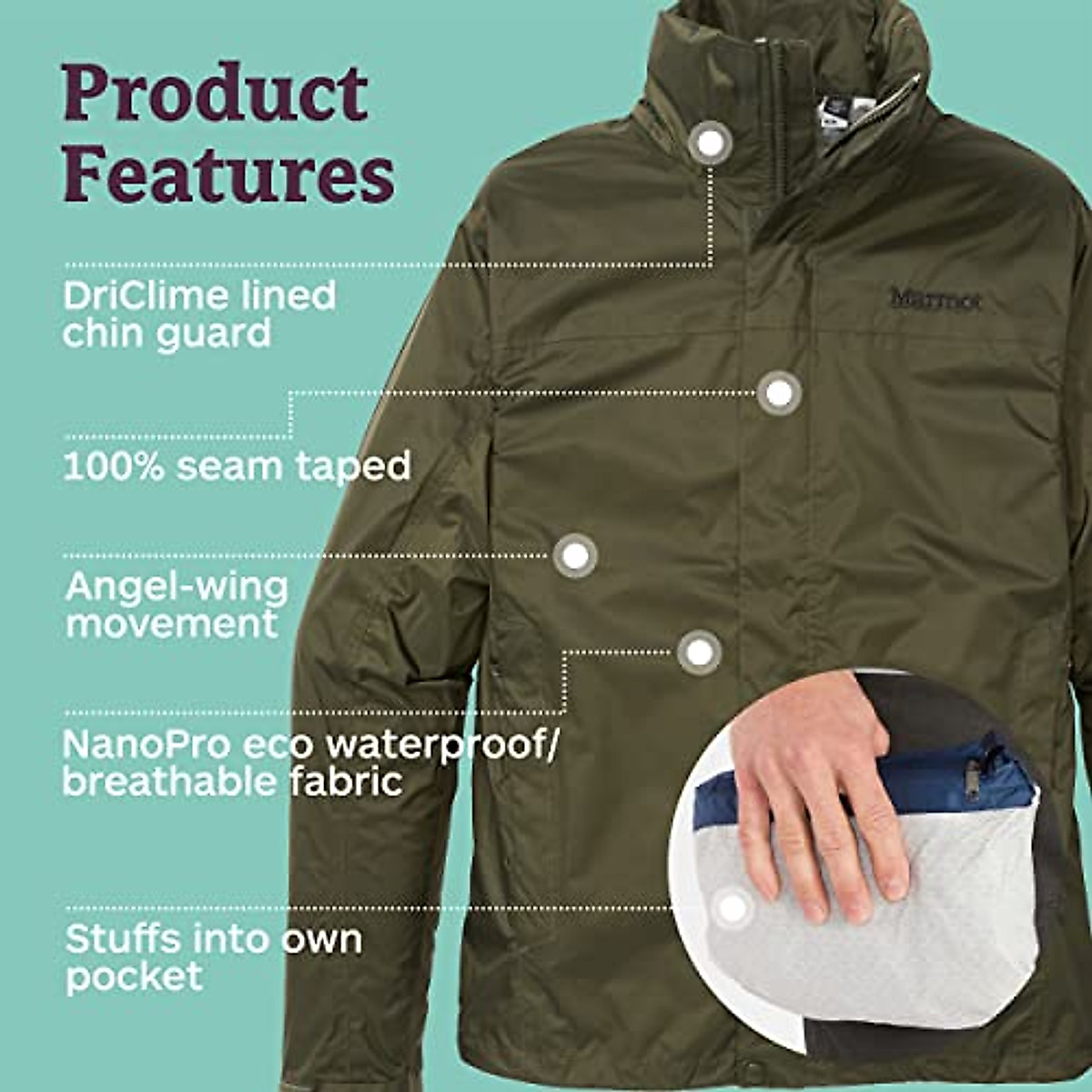 MARMOT Men's Precip Eco Jacket | Lightweight, Waterproof Jacket for Men, Ideal for Hiking, Jogging, and Camping, 100% Recycled, Nori, Large