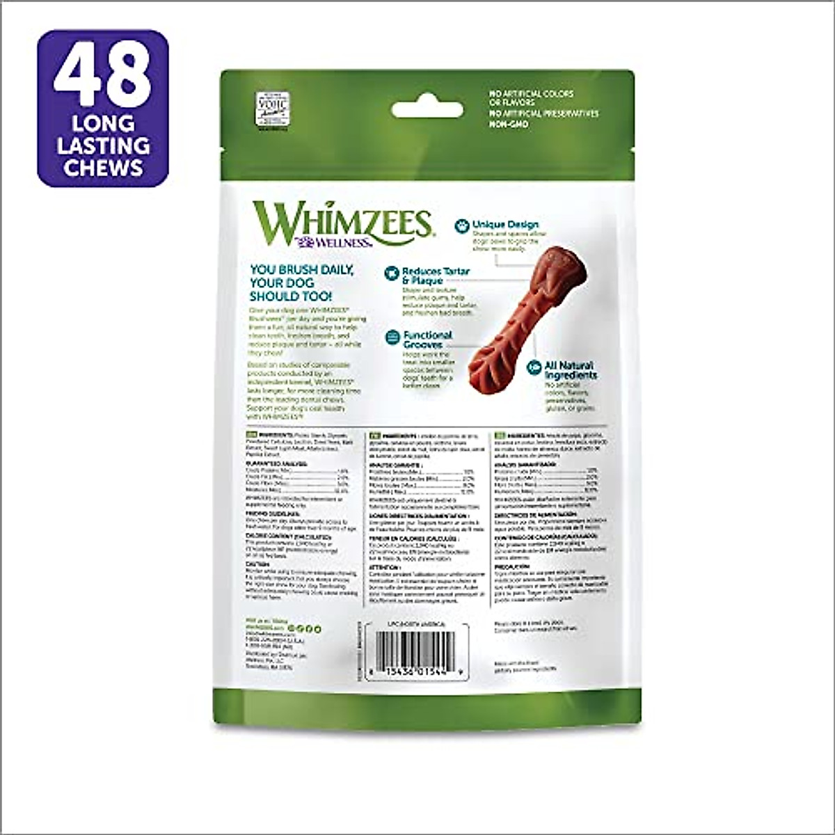 WHIMZEES by Wellness Brushing Dental Chews For Dogs, Grain-Free, Long Lasting Treats, Freshens Breath Extra Small Breed, 48 Count