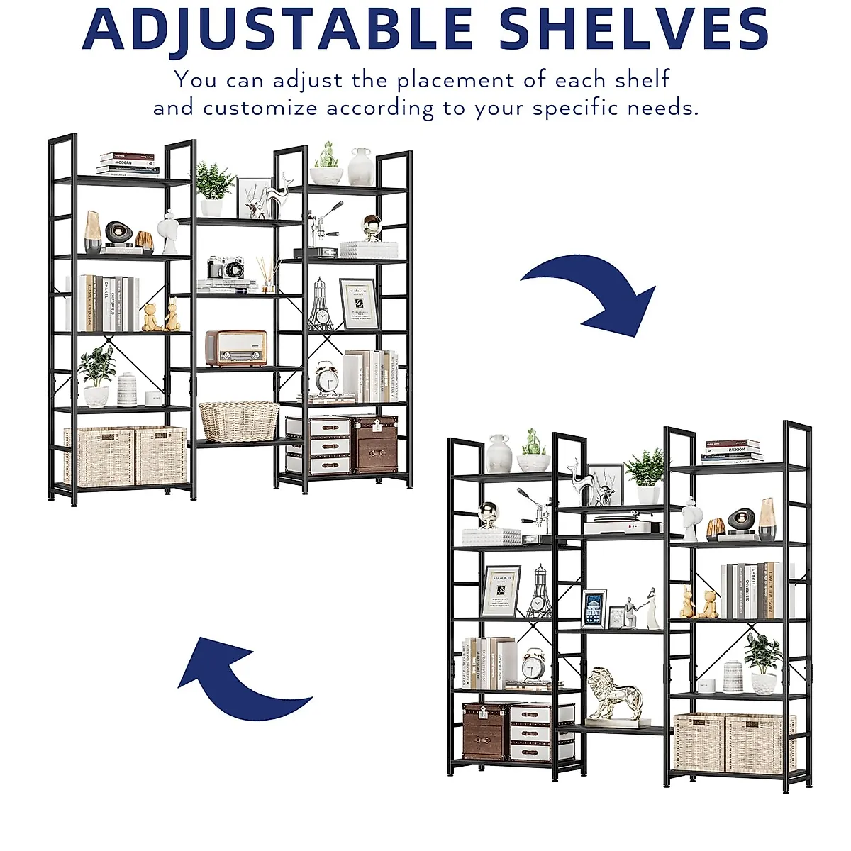 NUMENN Triple Wide 5 Tier Bookshelf, Rustic Industrial Style Bookcases and Bookshelves with 14 Open Display Shelves, Modern Tall Bookcase Furniture for Bedroom, Living Room and Home Office, Black