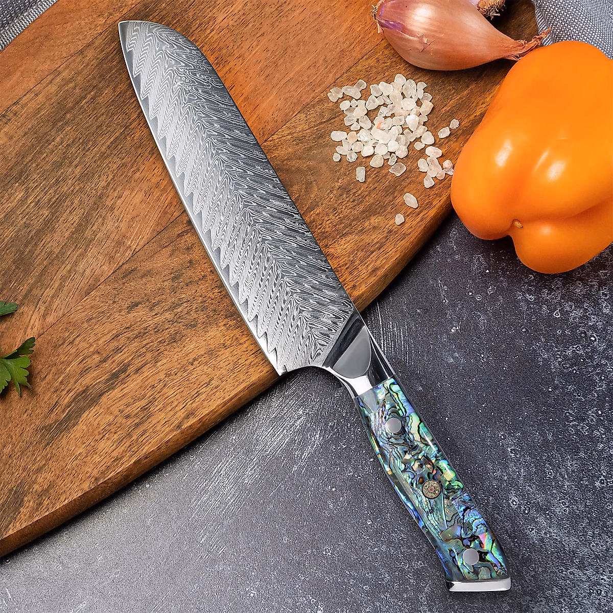 SENKEN Damascus Steel 7" Japanese Santoku Knife with Real Deep-Sea Abalone Shell Handle - Umi Collection - 67-Layer Japanese VG10 Forged Steel Blade, Integrated Full-Tang Molding (7" Santoku Knife)