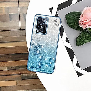 for Oppo A57 4G Case Glitter for Women Girls Pink Floral Clear Shockproof Protector Oppo A57 Case Luxury Diamond Bling Sparkle Cute Phone Case Cover Soft TPU (Blue)