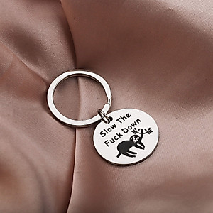 BLEOUK Funny Sloth Gift Cute Animal Sloth Quote Keychain Slow The Fuck Down Sloth Lover Gift
