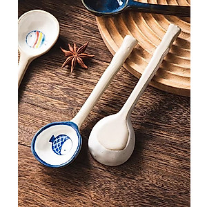 YUURAIN VUVU Japanese Large Spoon, Handmade Long Handle Asian Spoons, Retro Ceramic Spoons, Ramen Spoons, Pho Spoons, Large Soup Spoons with Cute Hand-Painted Pattern, Hand-Kneaded (2 Pieces) - D