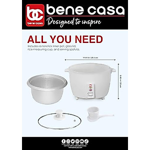 Bene Casa - Rice Cooker with Glass Lid - Includes Nonstick Aluminum Inner Pot and a 12 Hour Keep Warm Feature - Cooks Up to 12 Cups of Rice (6 Cups Uncooked)