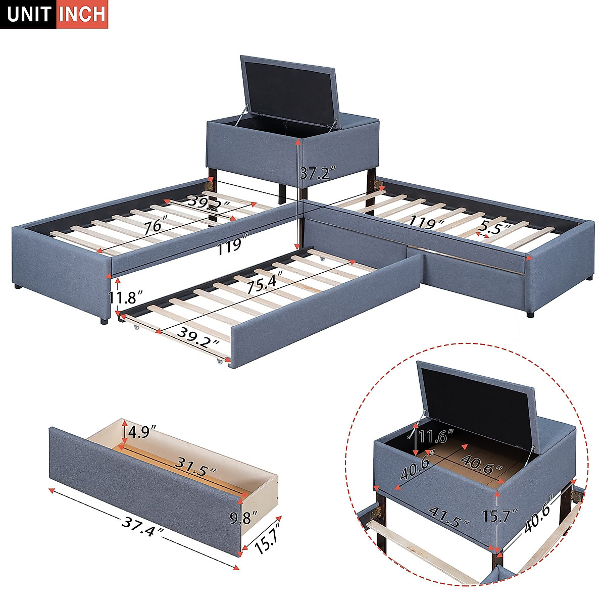 L Shaped Upholstered Platform Bed with Trundle and Two Drawers Linked with Built-in Desk, Solid Wood Bed Frame Twin Size (Twin, Gray)