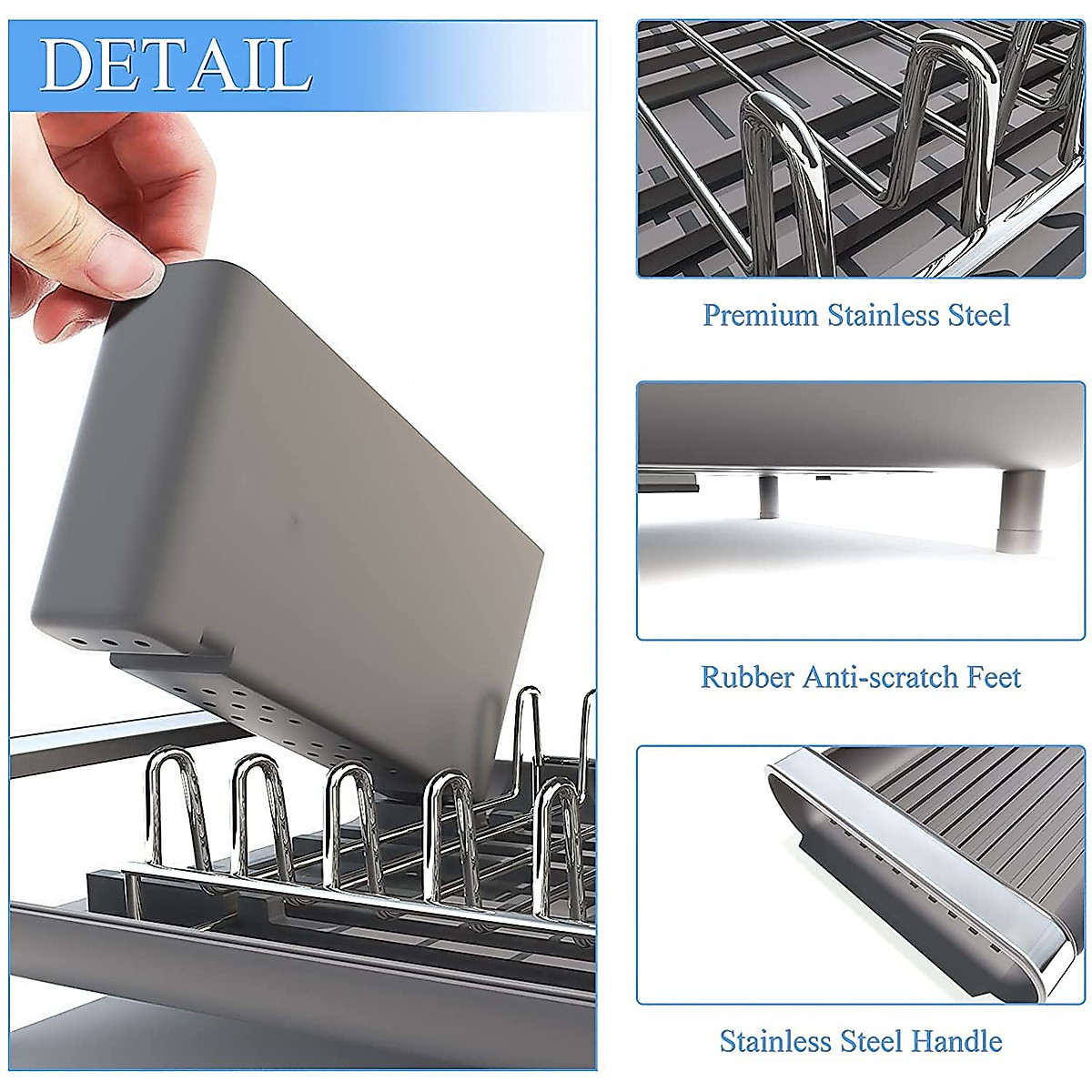 Dish Drying Rack, Kitchen Counter Small Dish Drainers Rack Expandable(11" to 19.3"), in Sink Dish Drying Rack Auto-Drain Compact Stainless Steel Dish Strainers with Utensil Caddy, Grey