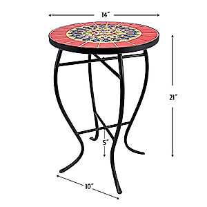 VONLUCE 21 Inch Mosaic Plant Stand, 14 Inch Round Side Table with Ceramic Tile Top, Indoor and Outdoor Accent Table, Outdoor Patio Furniture, End Table for Garden Patio Living Room More, Red