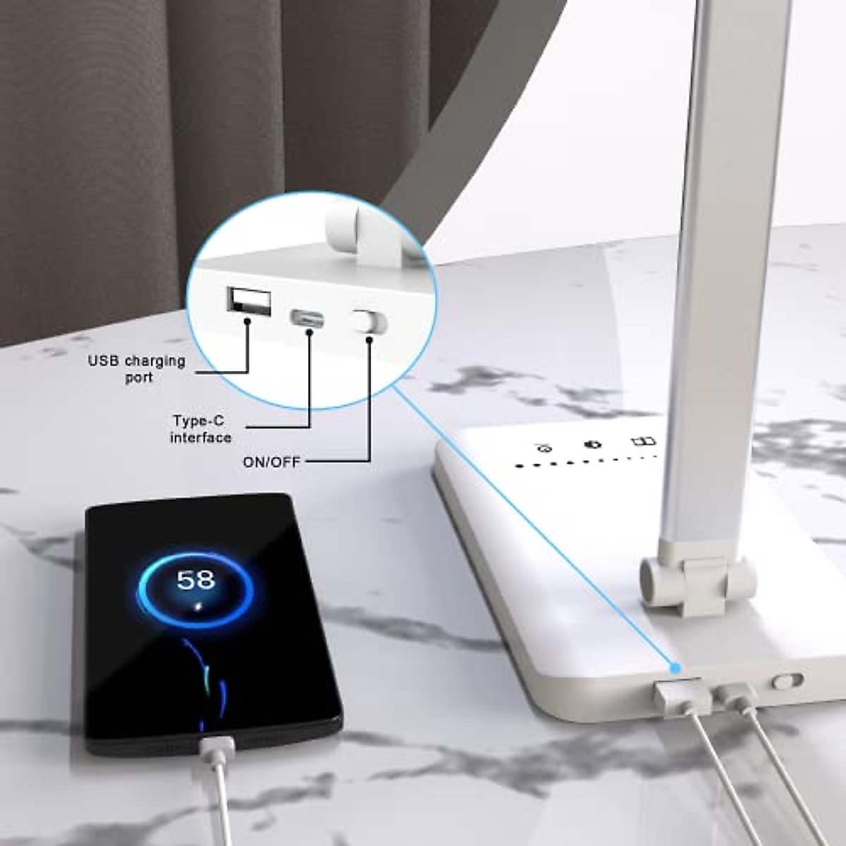 Aourow Desk Lamp LED Dimmable,Table Lamp with 5 Light Modes and 5 Brightness Levels for Home Office,Touch Desk Light with 45 Minute Timer for Bedside Reading,White(USB Charger NOT Included)