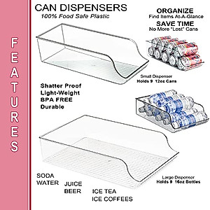 Practical Set of 2 Soda Can Organizer and Canned Food Bin Stackable Dispenser for Refrigerator - Open Front And Transparent Design, Hold up to 9 cans and water bottles, Shatter-Proof