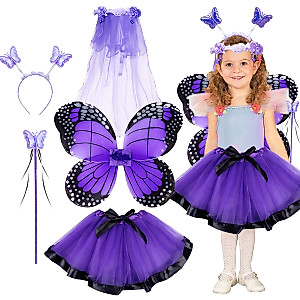 WILDPARTY Girl Fairy Costume Set with Butterfly Wings, Tutu, Magic Wand, Headband and Veil Costume Set for 3-8 Years Girl Dress up and Birthday Party Ballet Dance (Spotty Purple)