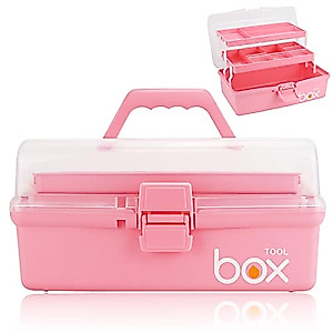 HengLiSam 12'' Three-Layer Clear Plastic Storage Case for Art Craft and Cosmetic, Multipurpose Organizer and Portable Handled Storage Box for Home, School, Office (Pink)